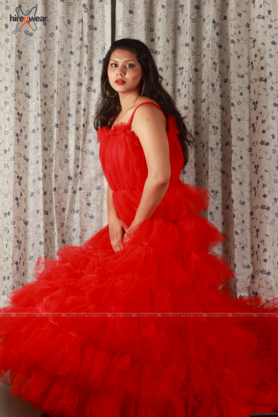 Red Flared Gown with Long Trail (hnwfg109) - Hire n Wear